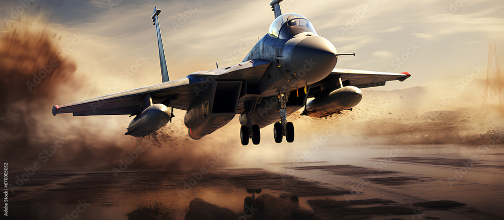 Combat military fighter rapidly takes off at high speed for tracking ...