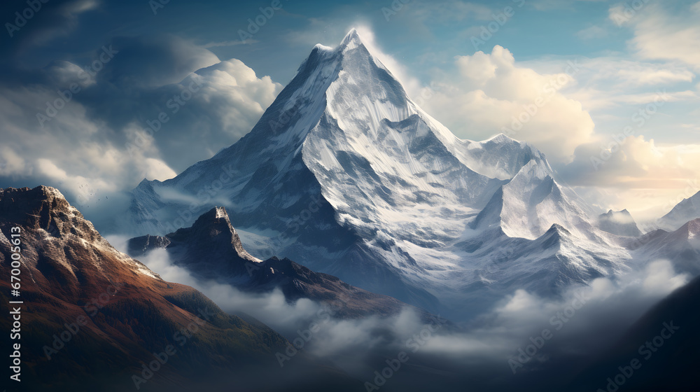 Capture the grandeur of majestic mountain peaks rising high above the ...