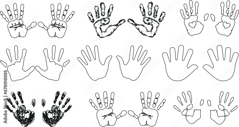 handprints vector illustration, white background. Various hand gestures ...