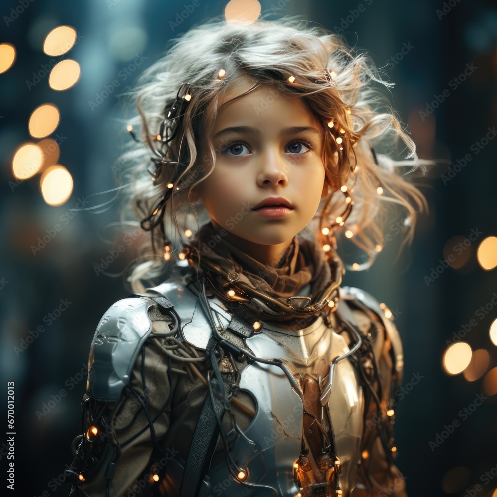 Kid girl in futuristic costume. Robot girl. cyborg with a girl's face ...