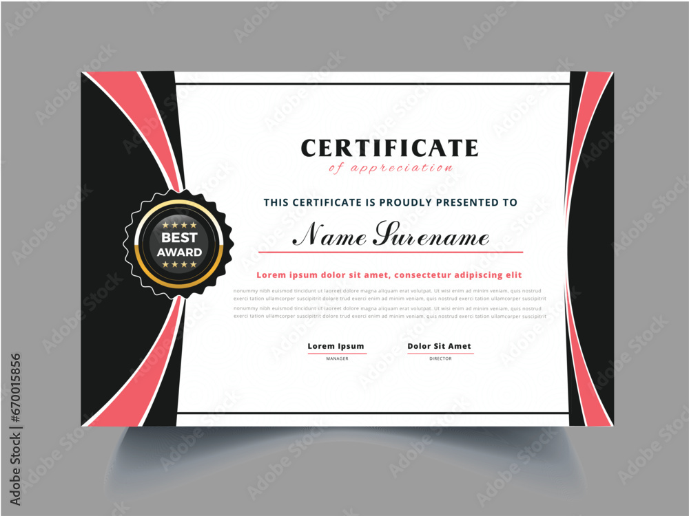 Creative Modern certificate template design vector with red and black color suitable for ...
