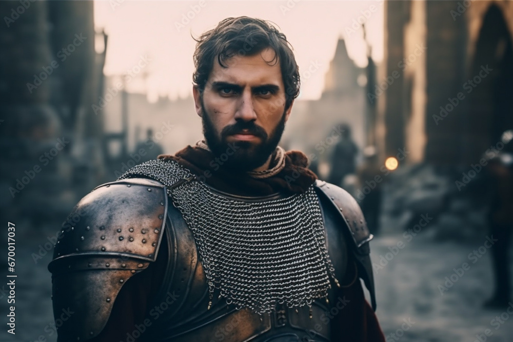 Handsome Medieval Knight King on Battlefield, Looking at Camera ...