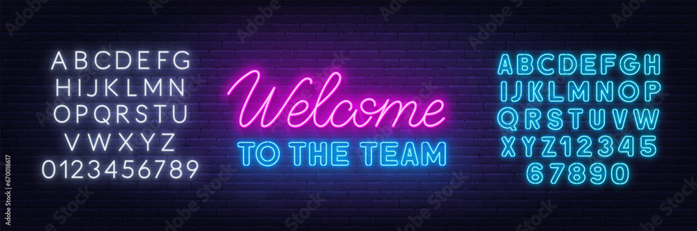 Welcome to the team neon sign on brick wall background. Stock Vector ...