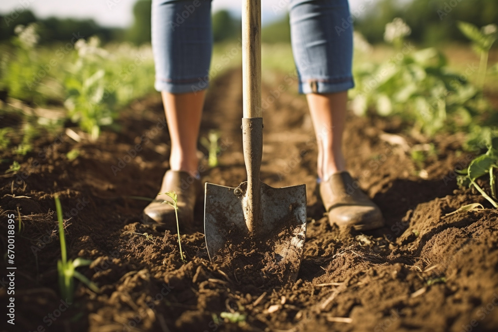 Low section of girl hoeing weeds in vegetable garden using hand fork ...