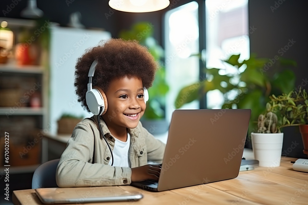A young school student uses a laptop for online learning, demonstrating ...