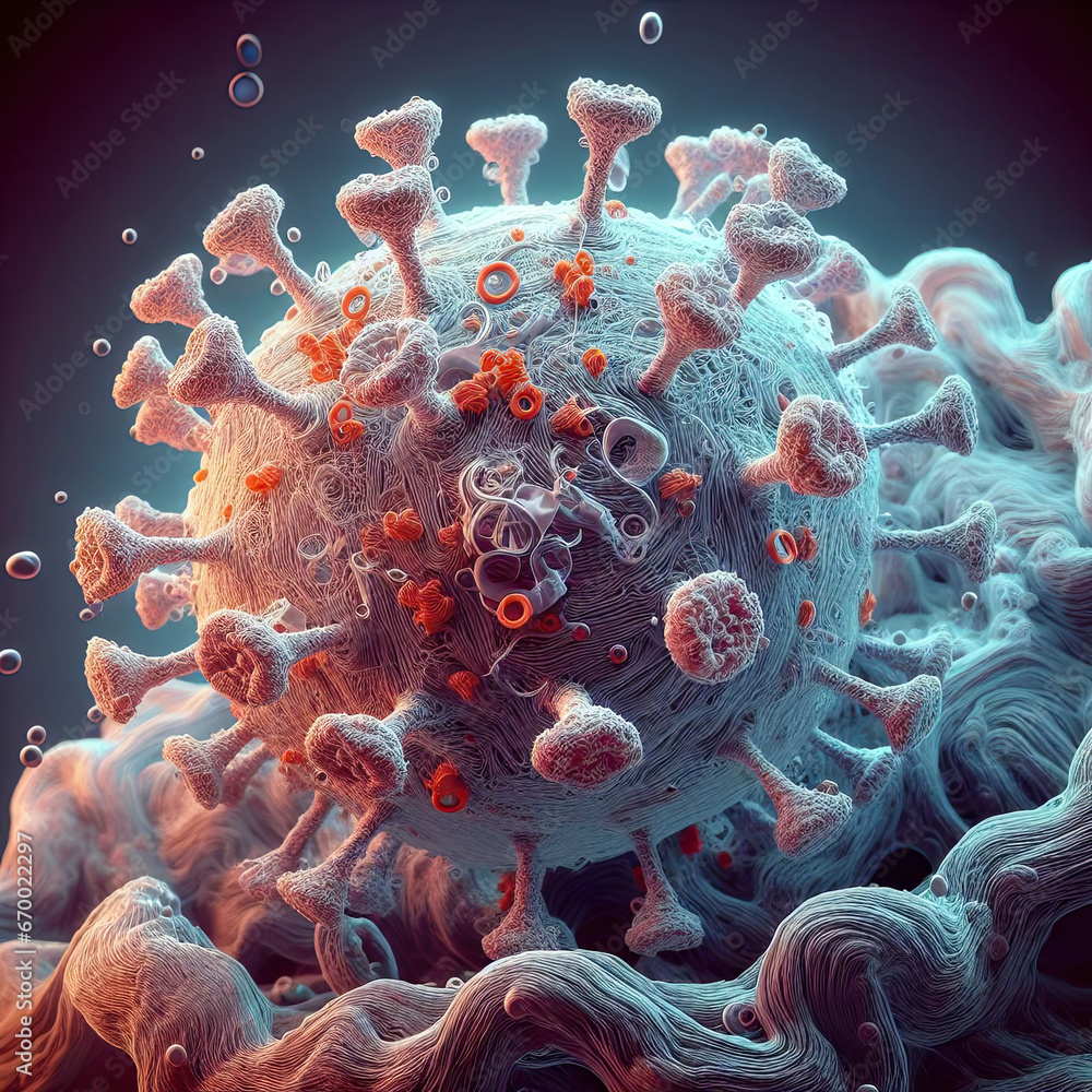 Virus with color scanning electron micrograph. Realistic illustration ...