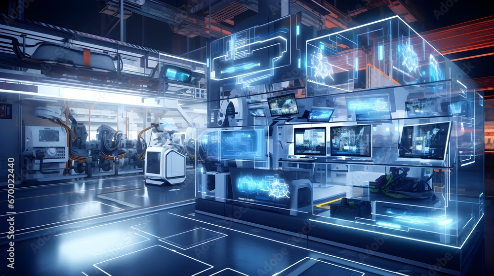 AI quality check, wide-angle shot of a station with screens displaying ...