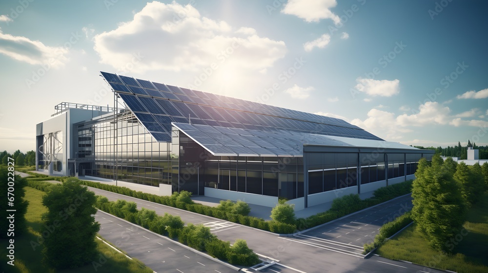 Green manufacturing in focus, wide-angle shot of a solar-powered ...