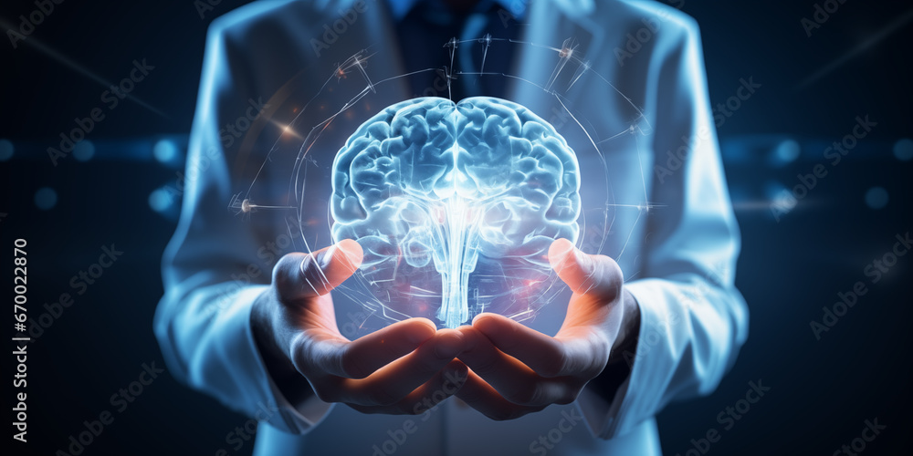 the doctor holds a projection of the human brain in his hands Stock ...