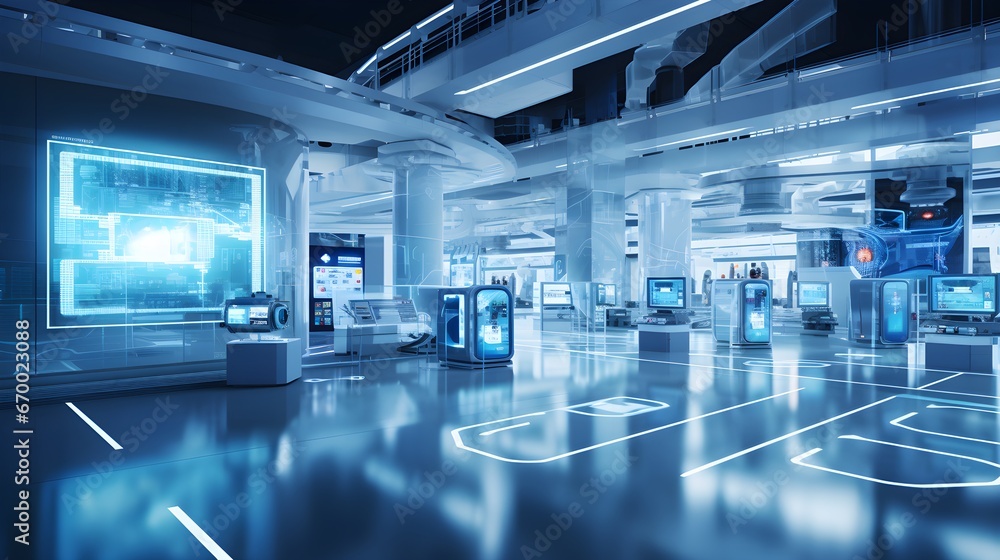 AI quality check, wide-angle shot of a station with screens displaying ...