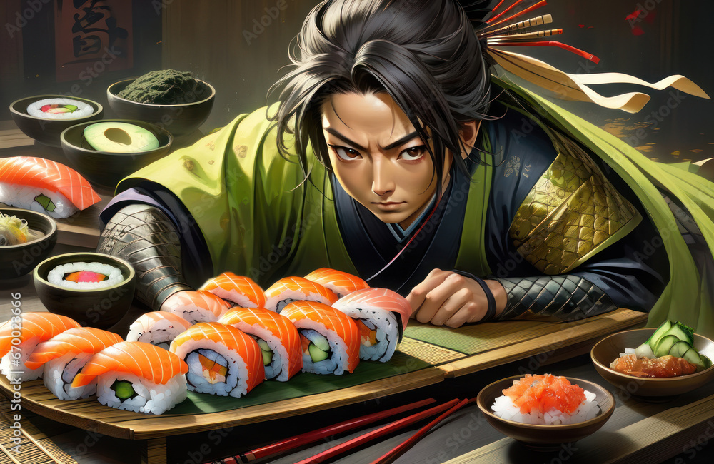 painting girl in anime style with a sushi roll. AI generated Stock ...