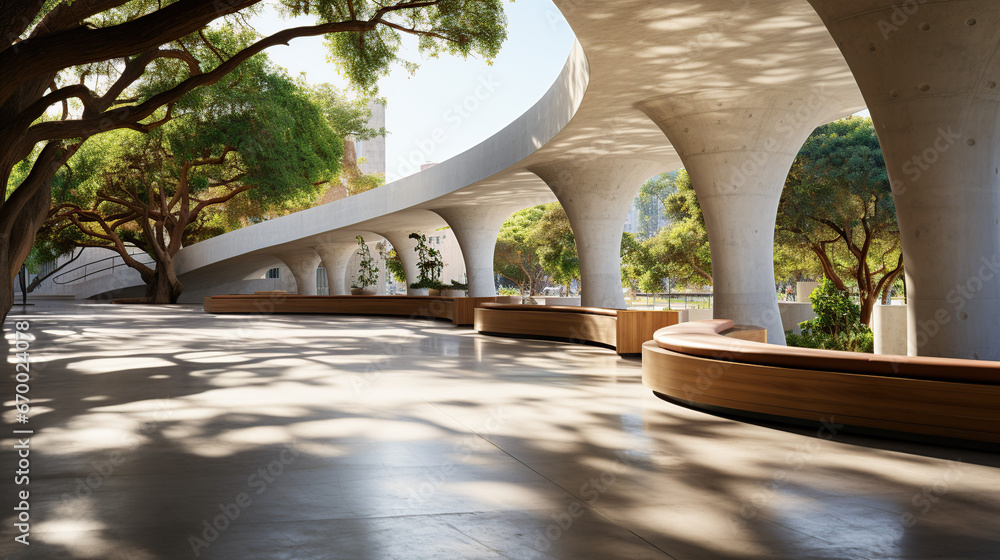 Space for product display in a concrete hallway with a park background ...