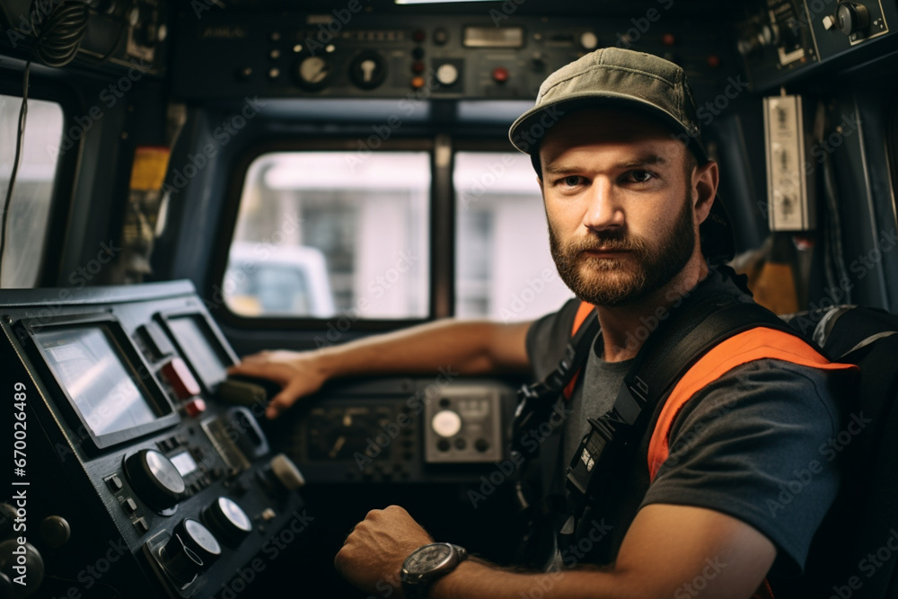 Portrait of Caucasian train driver sitting in driver's seat of subway ...