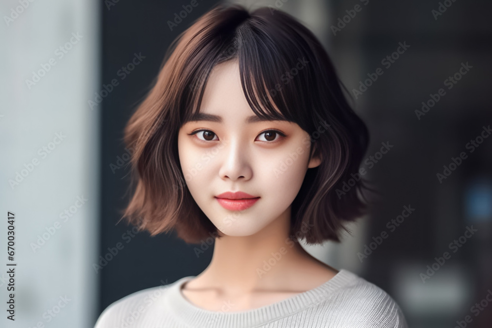 Beautiful Asian Woman, Close up on her face with Smooth skin look at ...