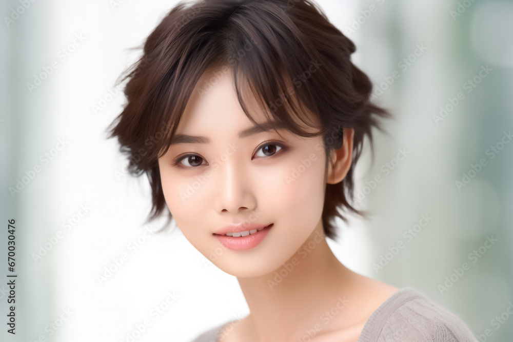 Beautiful Asian Woman, Close up on her face with Smooth skin look at ...