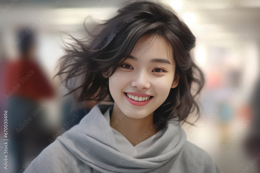 Beautiful Asian Woman, Close up on her face with Smooth skin look at ...