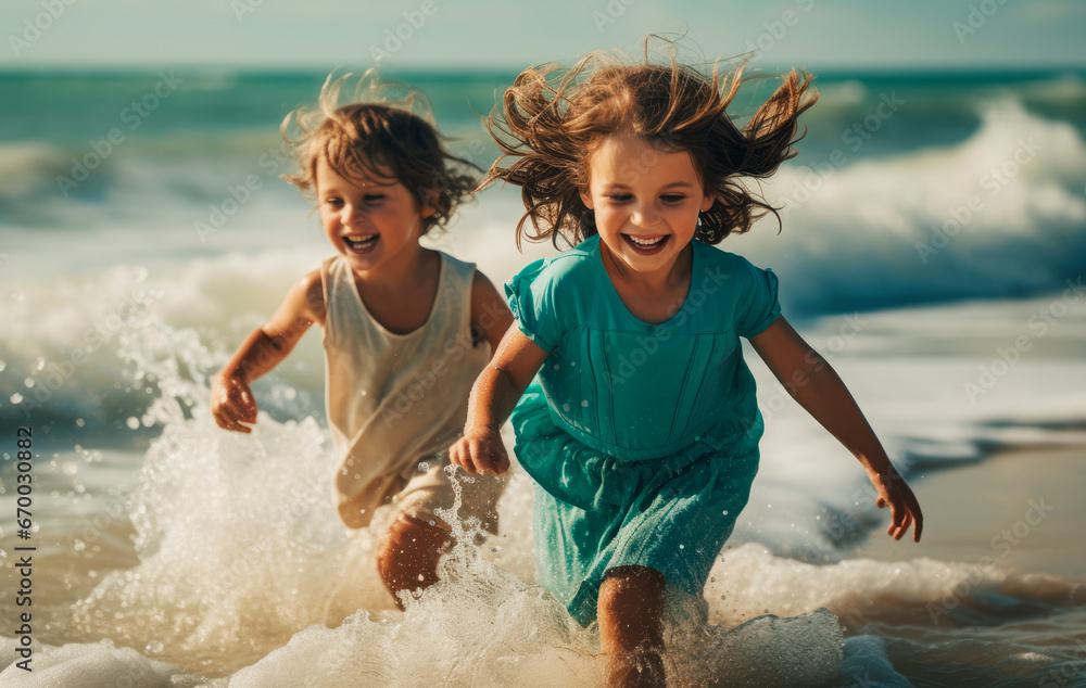 KIds playing on the sandy beach on summer holidays. Children in nature ...