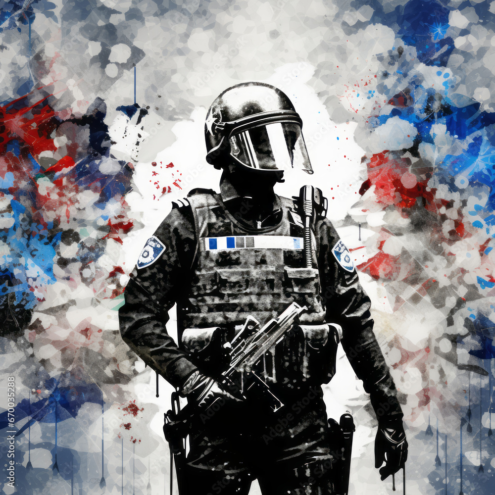 Depiction of a soldier in tactical gear, holding a weapon, set against ...