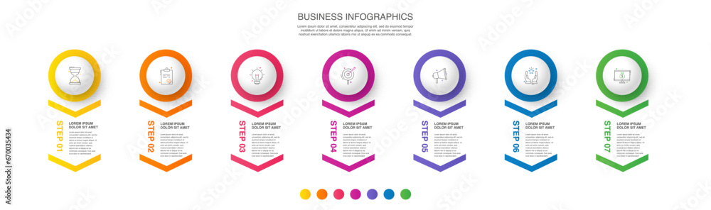 Vector business infographics template. Timeline with 7 circle, icon ...