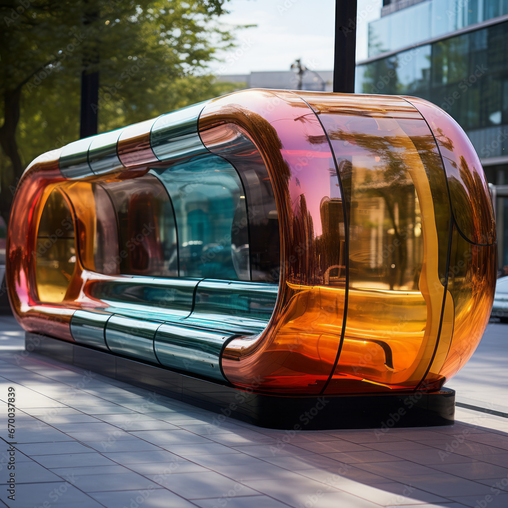 Amber-hued futuristic pod-shaped bench on an urban sidewalk, featuring ...