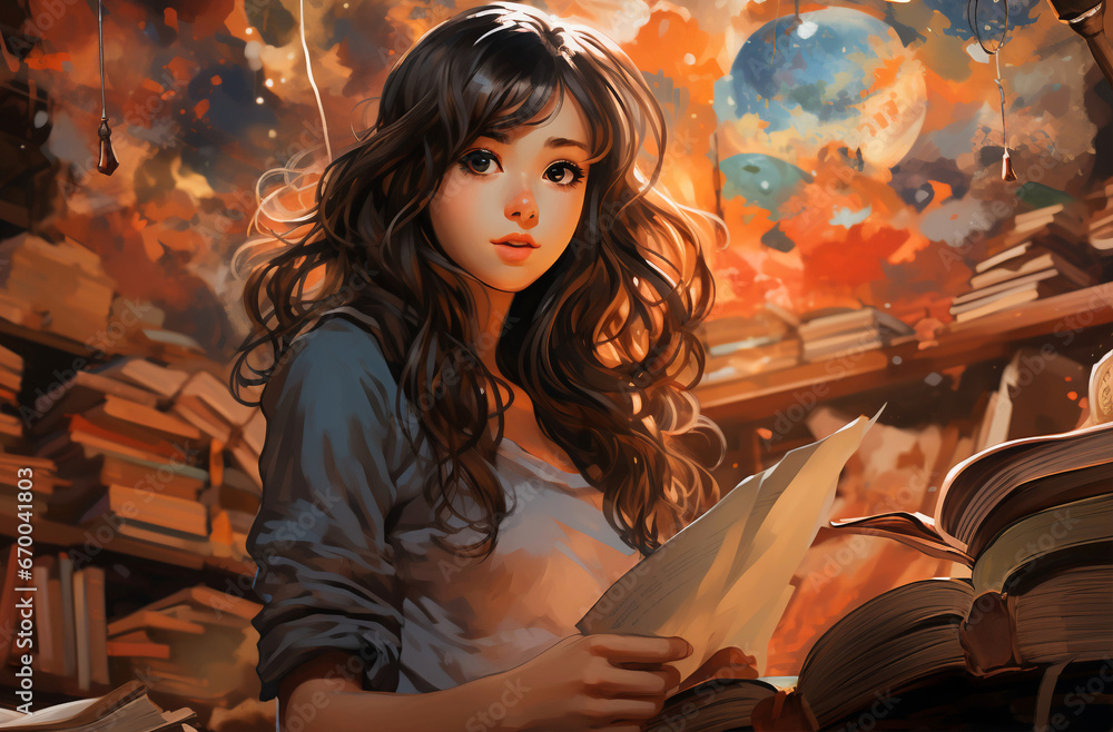 Manga style illustration of a young girl studying and reading in a ...