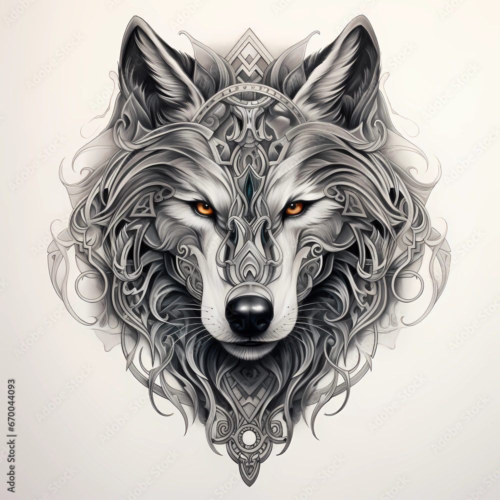 Wolf head. Scandinavian style. Stylized wolf head from front view ...