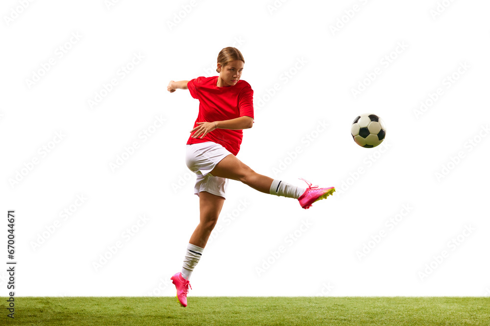 Dynamic image of young girl, football player in motion during game ...