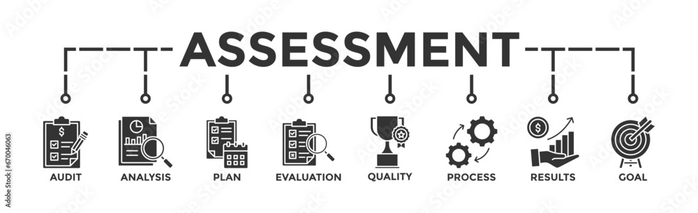 Assessment banner web icon for accreditation and evaluation method on business and education ...