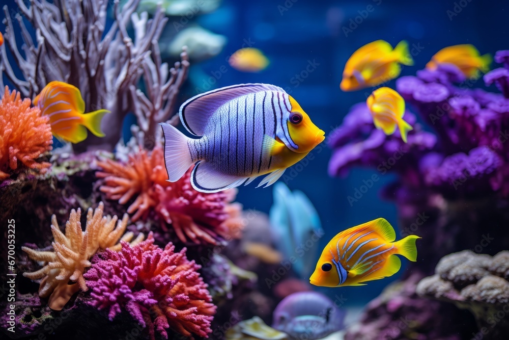 Beautiful colorful sea fish live in an aquarium among various algae and ...