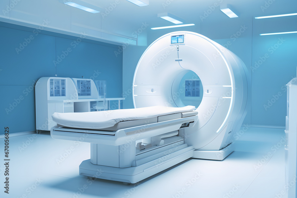 A pristine medical room featuring an MRI machine in its center with a ...