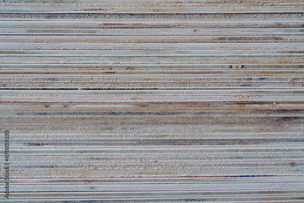 Closeup shot, Cross section of cut plywood board, Stack of industrial ...