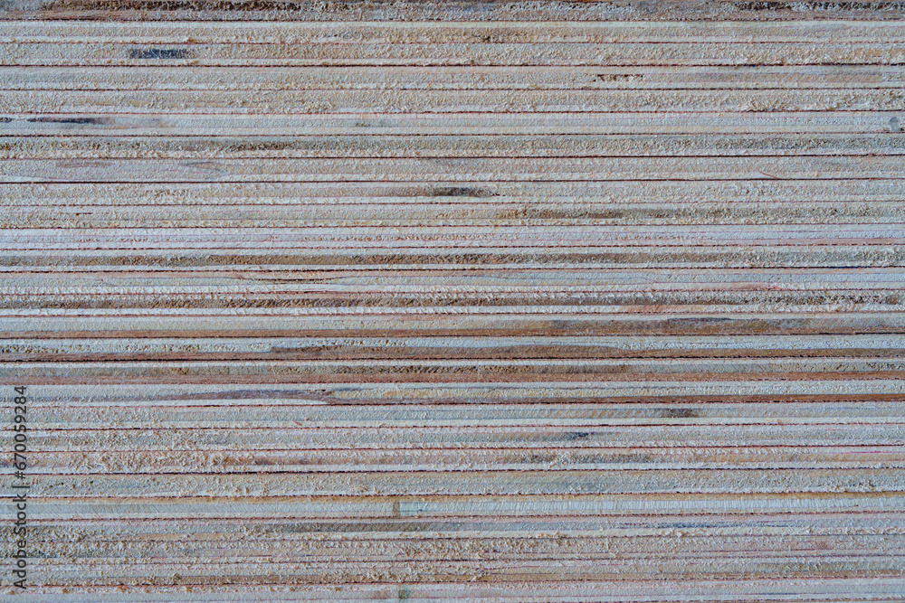 Closeup shot, Cross section of cut plywood board, Stack of industrial ...