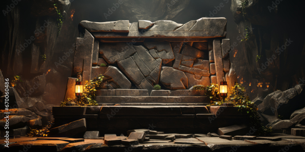 Ancient stone product display podium in a ancient cave with lights ...
