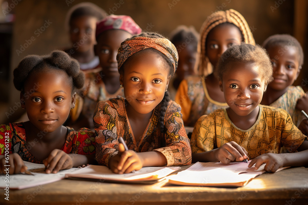 A photograph featuring a cheerful group of African primary school black ...