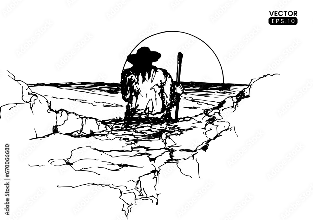 Landscape sketch sunset. Hand drawn illustration converted to vector ...