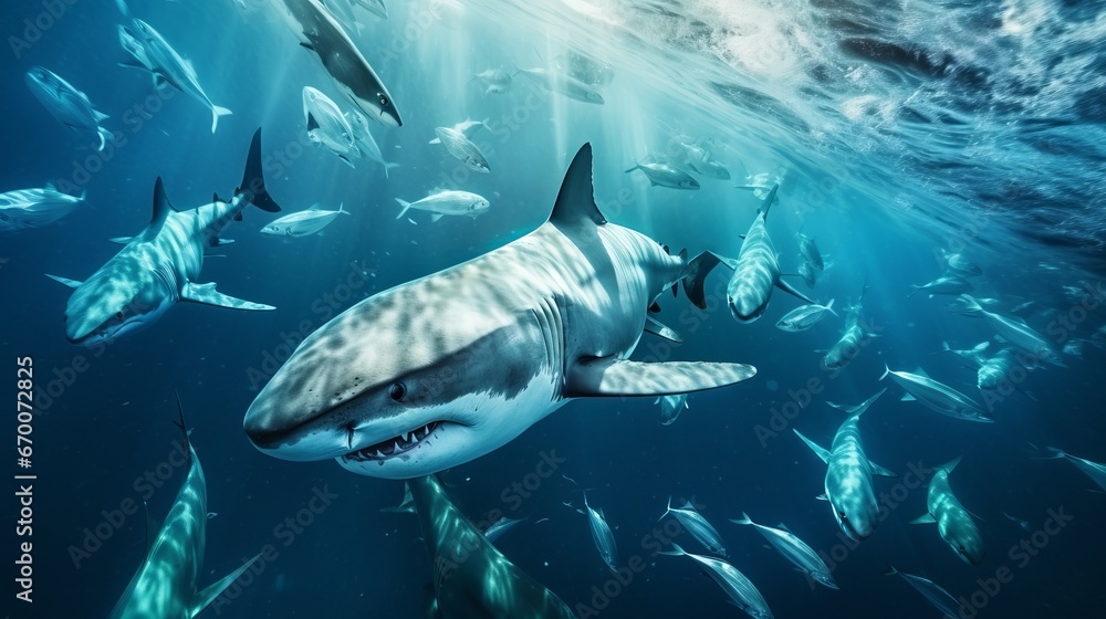 A pack of the most dangerous sharks swims underwater hunting fish ...