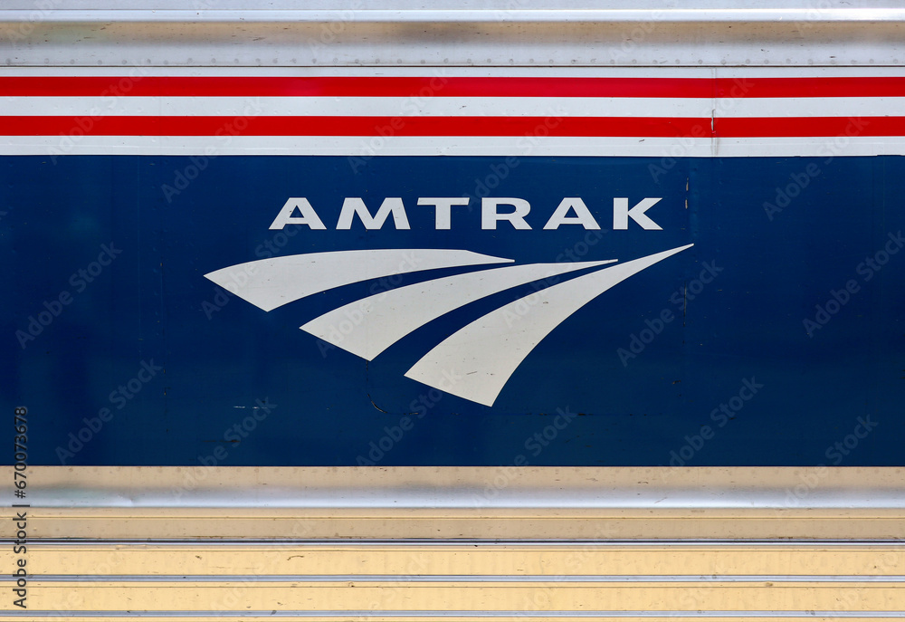 Amtrak logo on the side of a train stopped at a station in connecticut ...