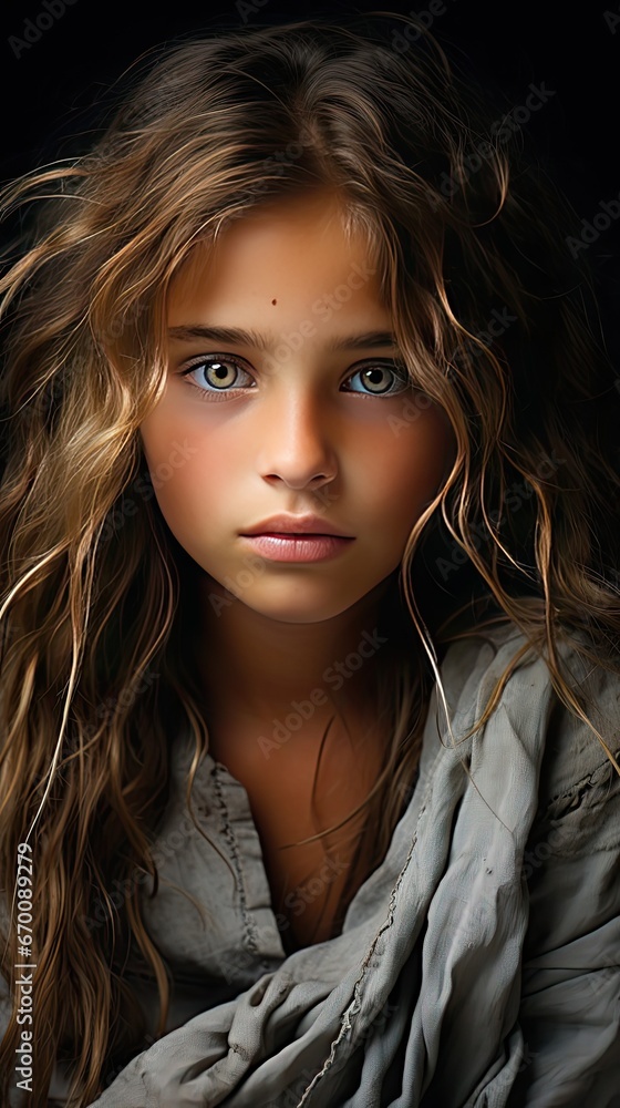 Crop close up portrait of serious sad little Caucasian girl look at ...