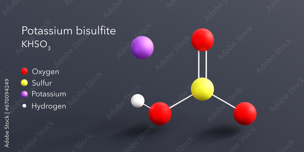 potassium bisulfite molecule 3d rendering, flat molecular structure ...