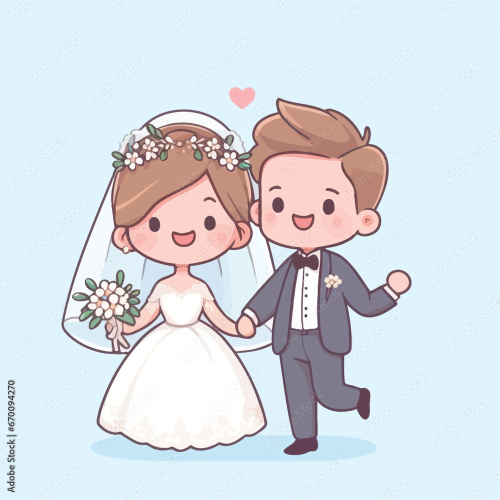 Cute cartoon wedding picture. Bride and groom in love, the vector Stock ...