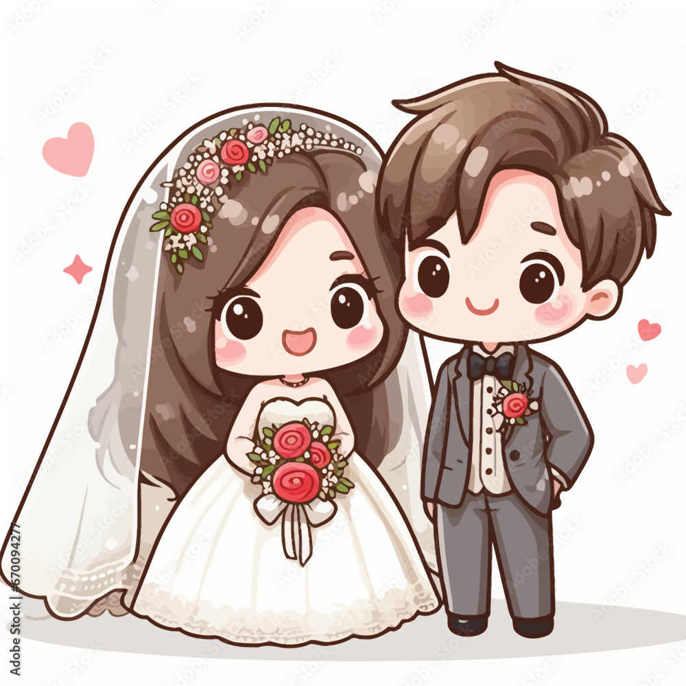 Cute cartoon wedding picture. Bride and groom in love, the vector Stock ...