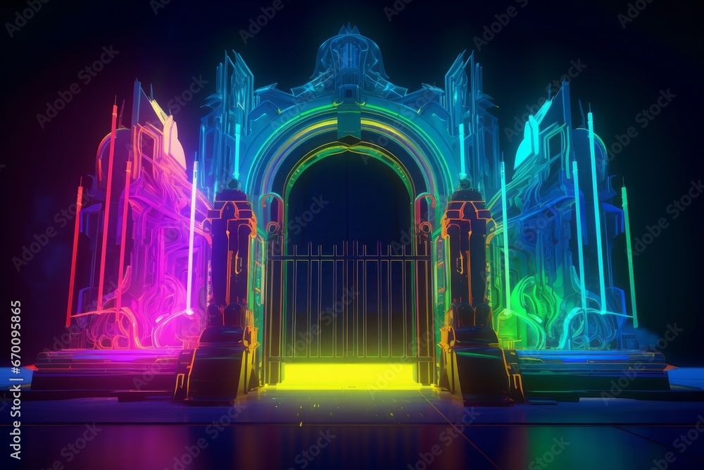 An image of an edgy neon glowing gate at night, in the style of baroque ...