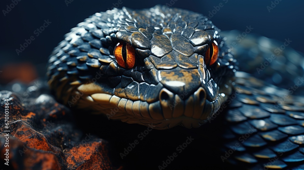 a close - up of a snake's head with orange eyes and a black body, with ...