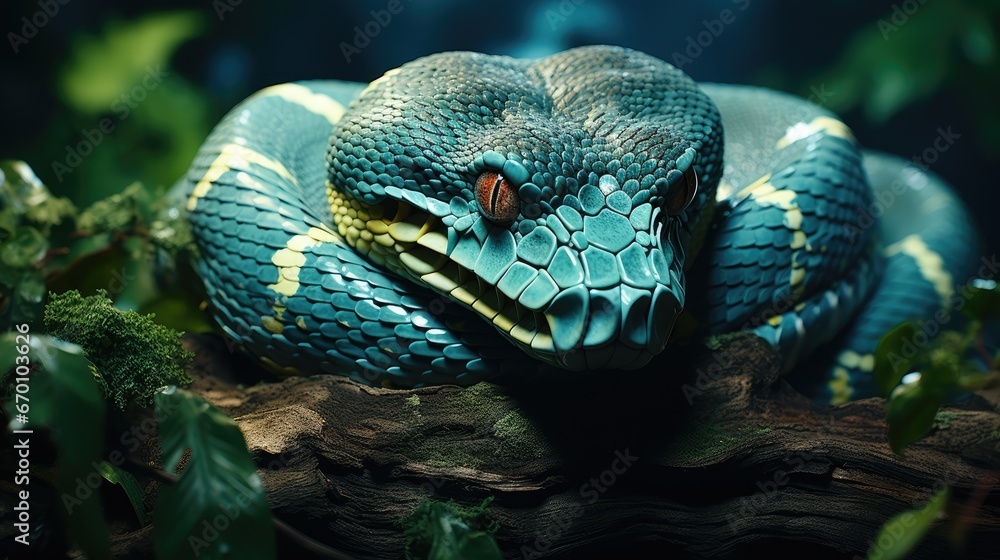 a close up of a blue and yellow snake on a tree branch with green ...