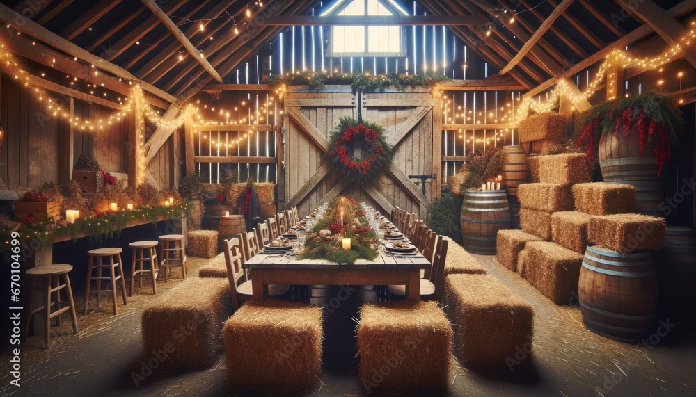 Rustic barn transformed into Christmas wonderland, hay bales for ...
