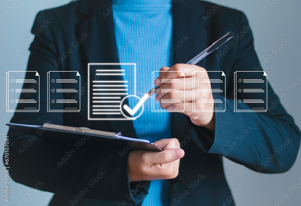 Business performance checklist concept Businessman surveys checklist ...
