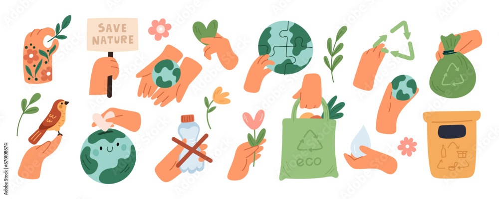 Ecological emblems with human hands. Save planet compositions. Nature ...