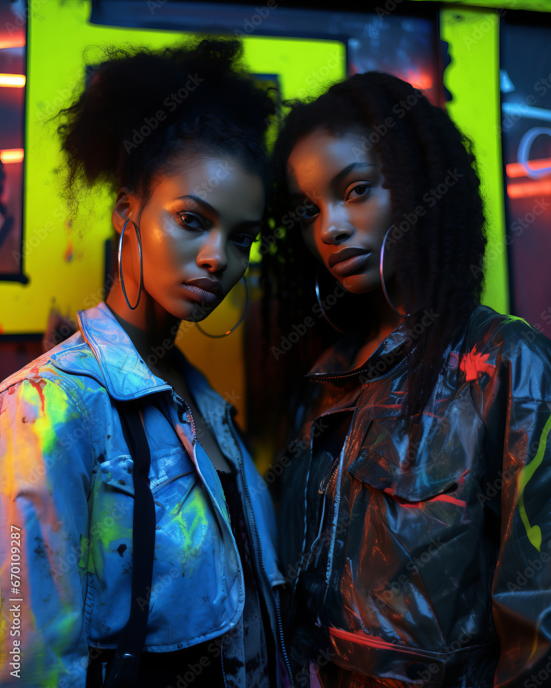 Generative AI two cyberpunk black women sisters striking poses in a ...