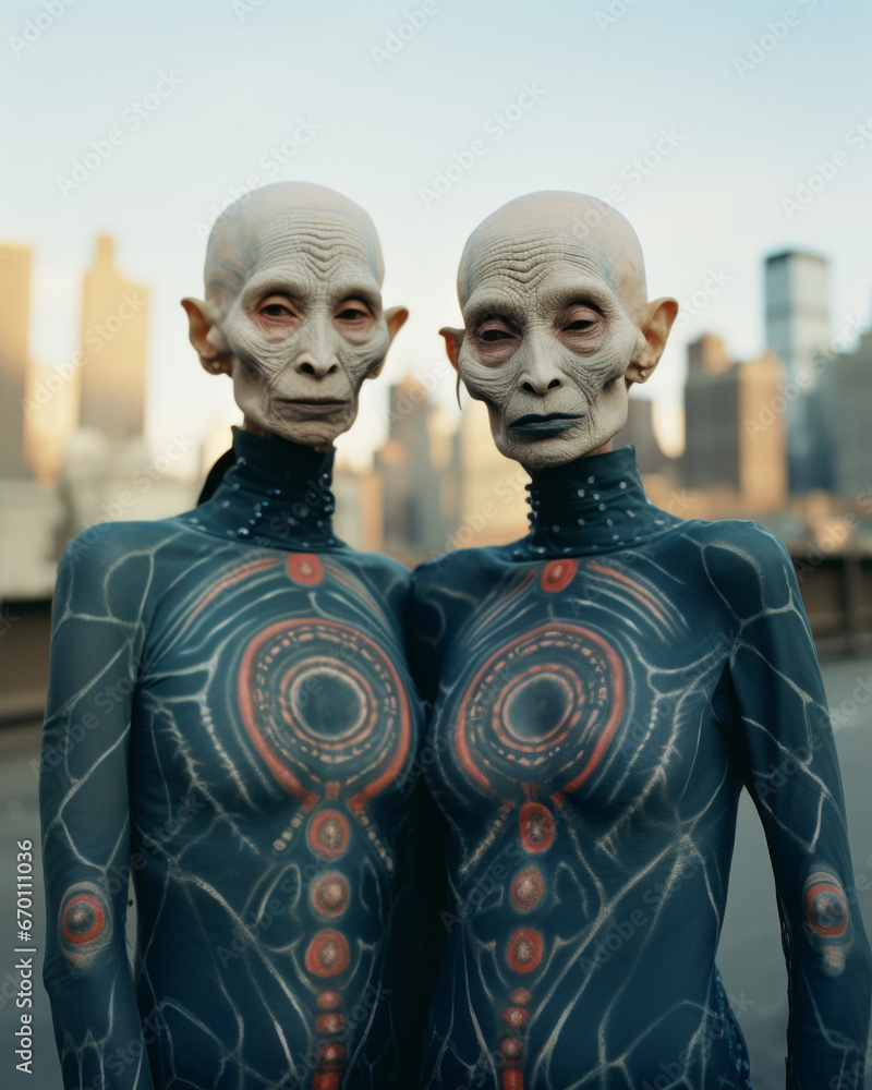 Generative AI of extraterrestrial elderly women dressed in unique alien ...