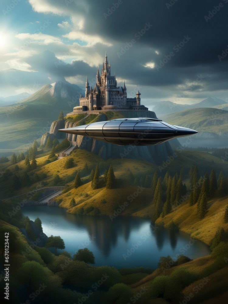 time travel, a spaceship explore a medieval castle in the valley near a lake, generative ai ...